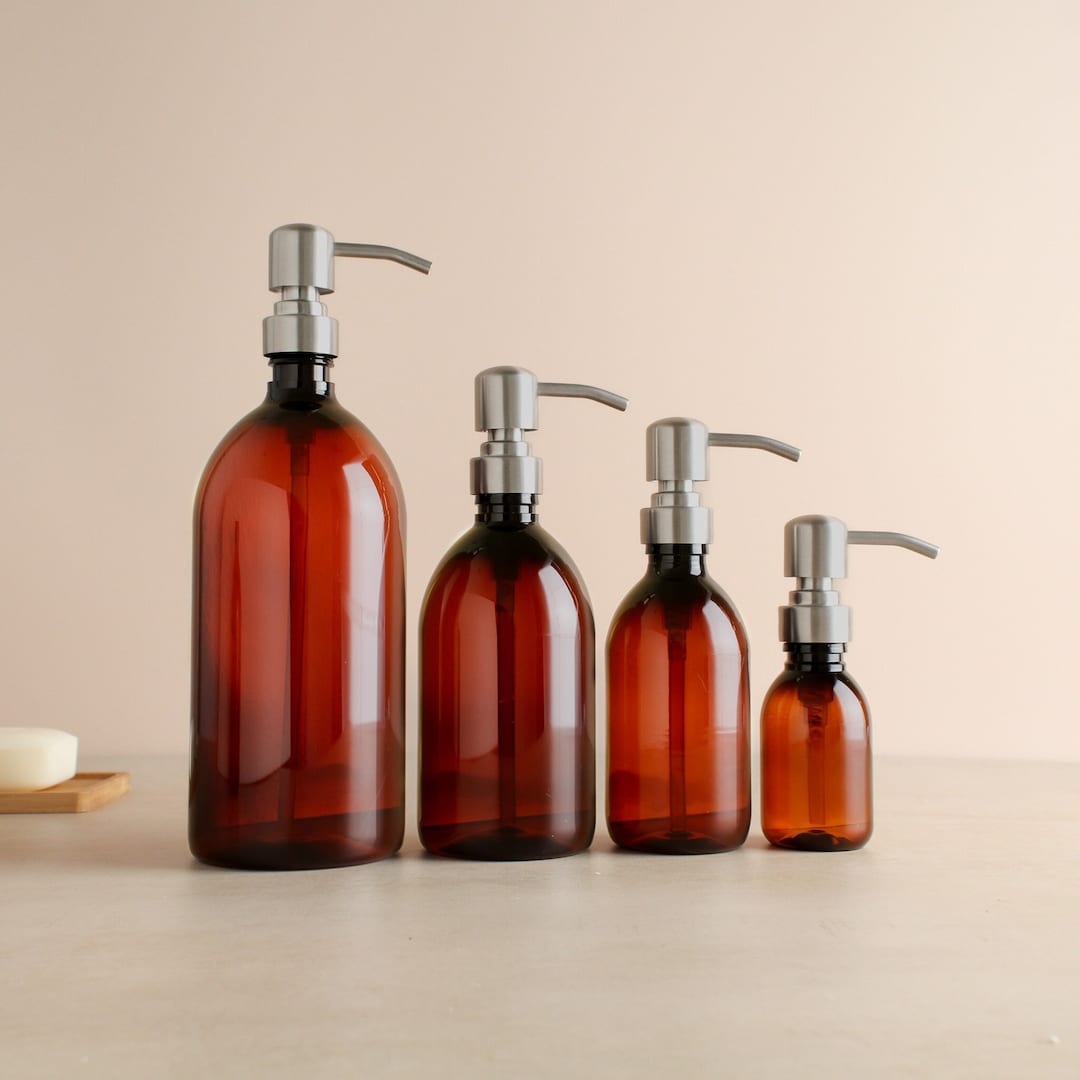 Amber Plastic Bottle - Refillable Bottle With Metal Silver Pump ...