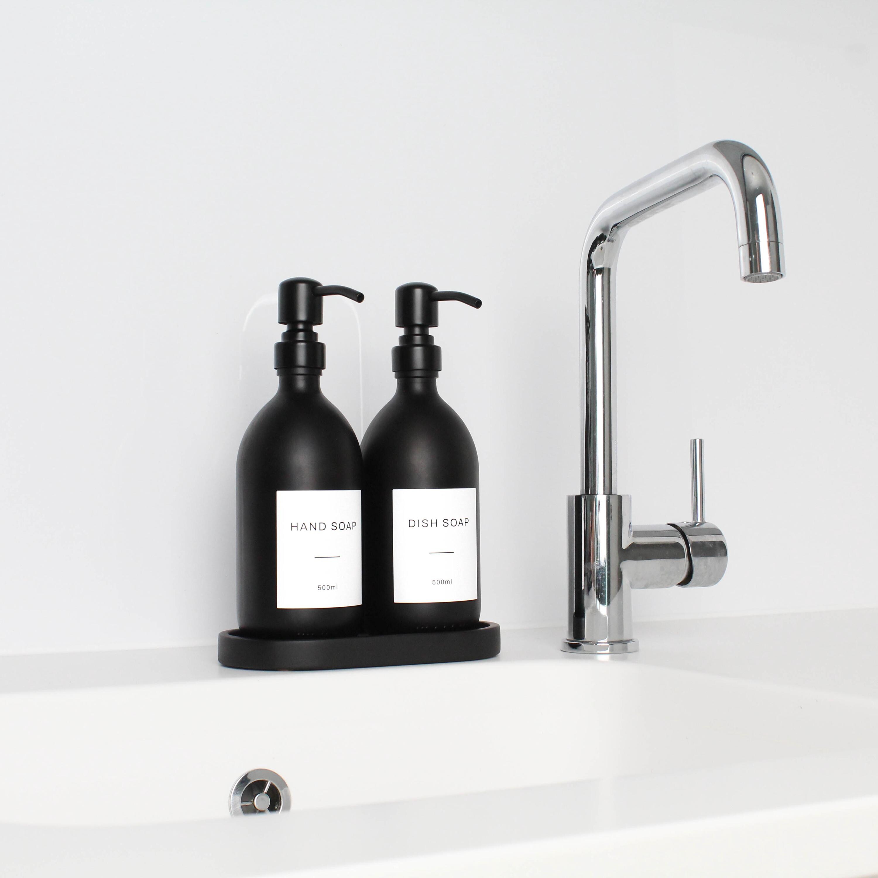 Black Tray & Matte Black Dispenser Set - Labelled Refillable Bottle ...