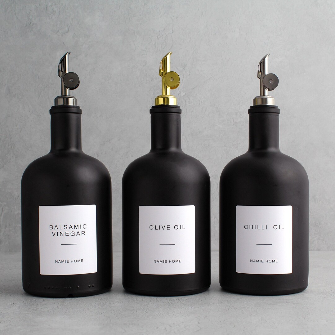 Matt Black Tall Neck Glass Oil & Vinegar Bottle 700ml Labelled ...