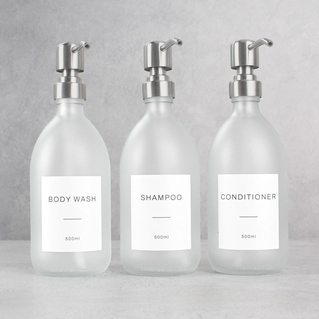 Set of 3 Body Wash Shampoo Conditioner Frosted White Glass Bottle ...