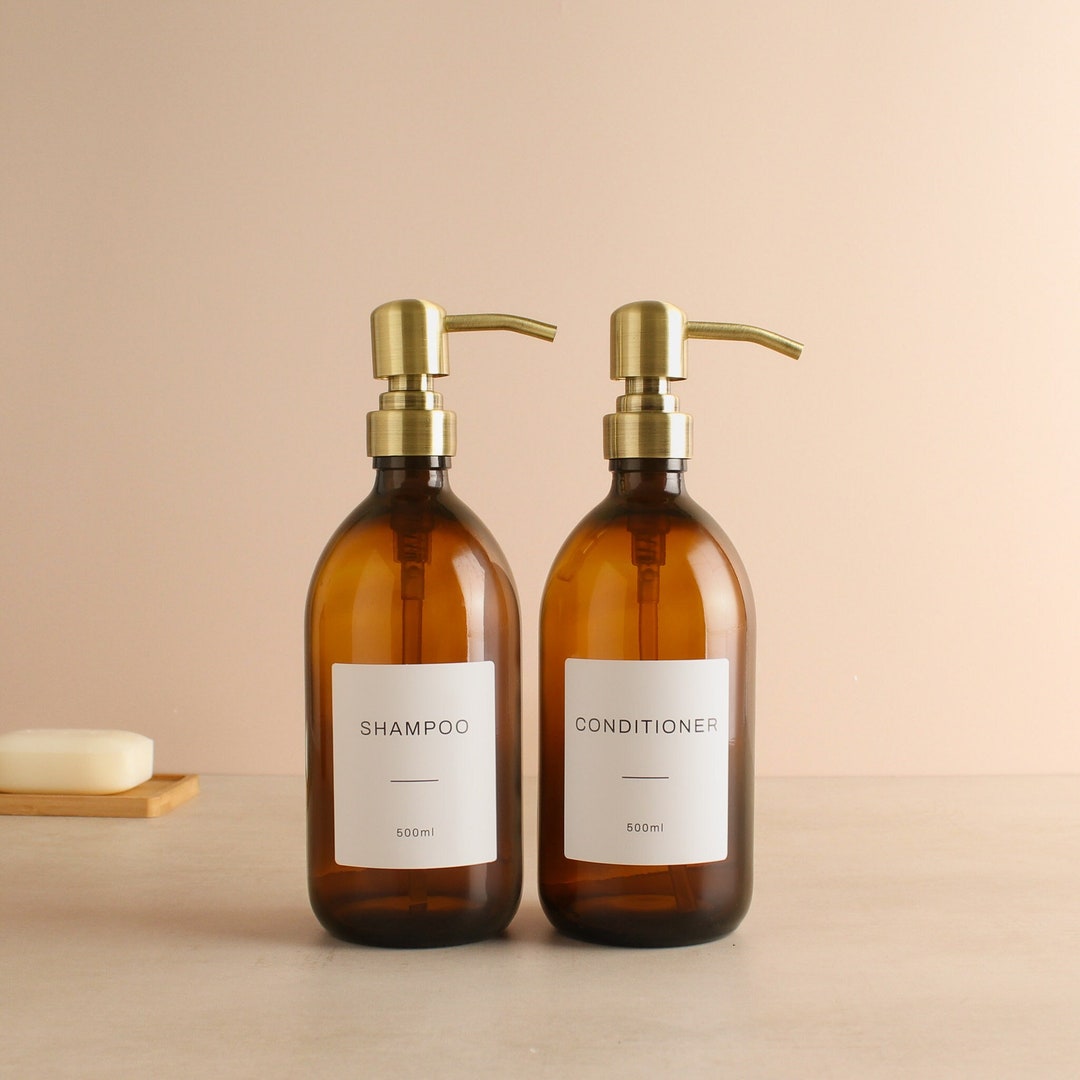 Shampoo & Conditioner Amber Glass Bottle Set of Two - Refillable Brown ...