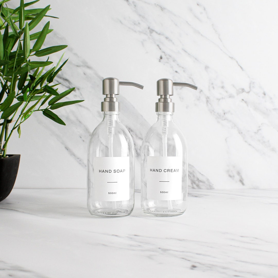 Hand Soap & Hand Cream Clear Glass Bottle Set of Two - Refillable ...