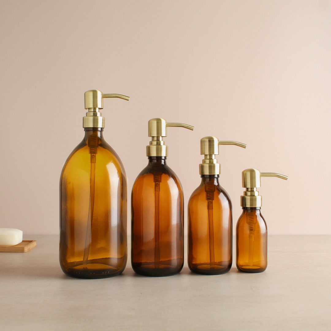 Amber Glass Bottle - Refillable Bottle With Gold Brass Pump Dispenser ...