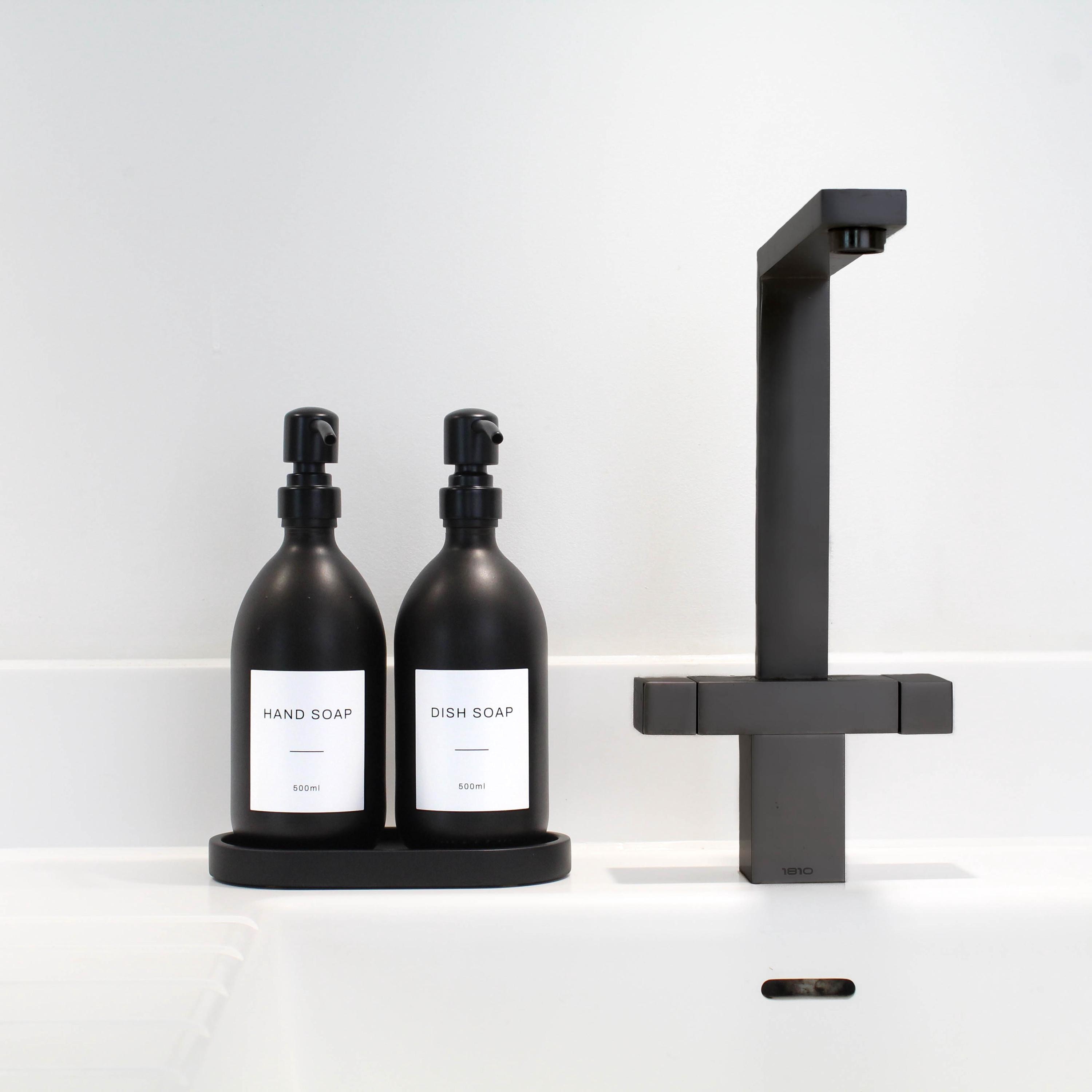 Black Tray & Matte Black Dispenser Set - Labelled Refillable Bottle ...