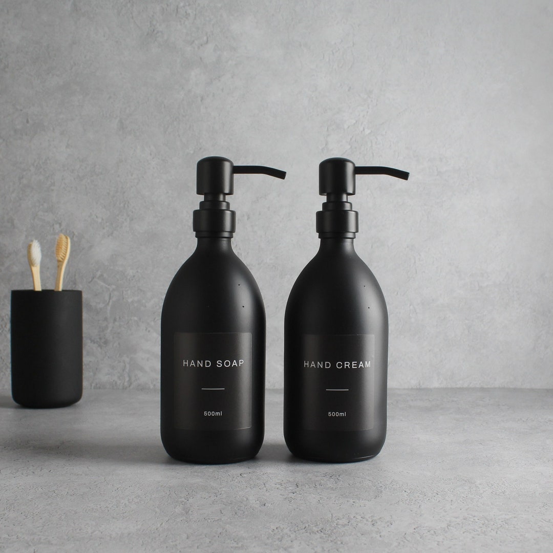 Hand Soap & Hand Cream Matte Black Glass Bottle Set of Two - Refillable ...