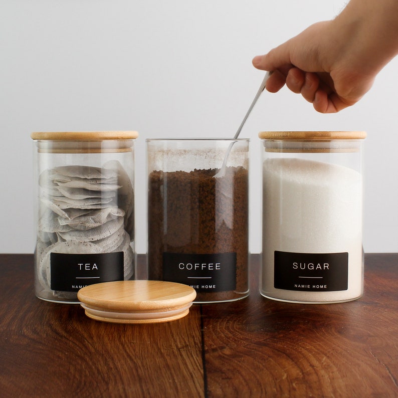 Tea Coffee Sugar Set of 3 Glass Jars - 950ml Storage Canisters With ...