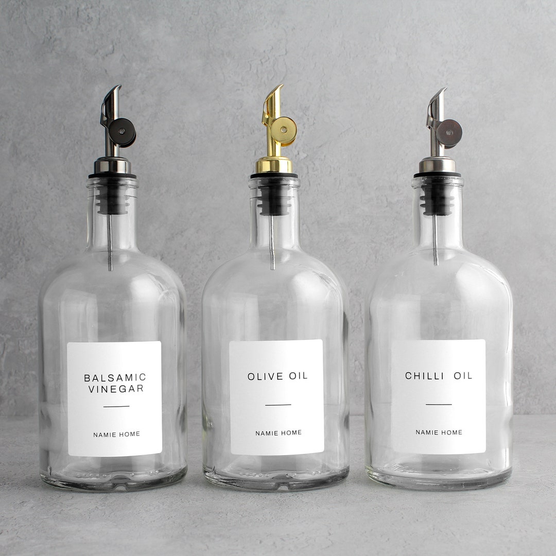 Clear Tall Neck Glass Oil Bottle 700ml Labelled - Refillable Dispenser ...