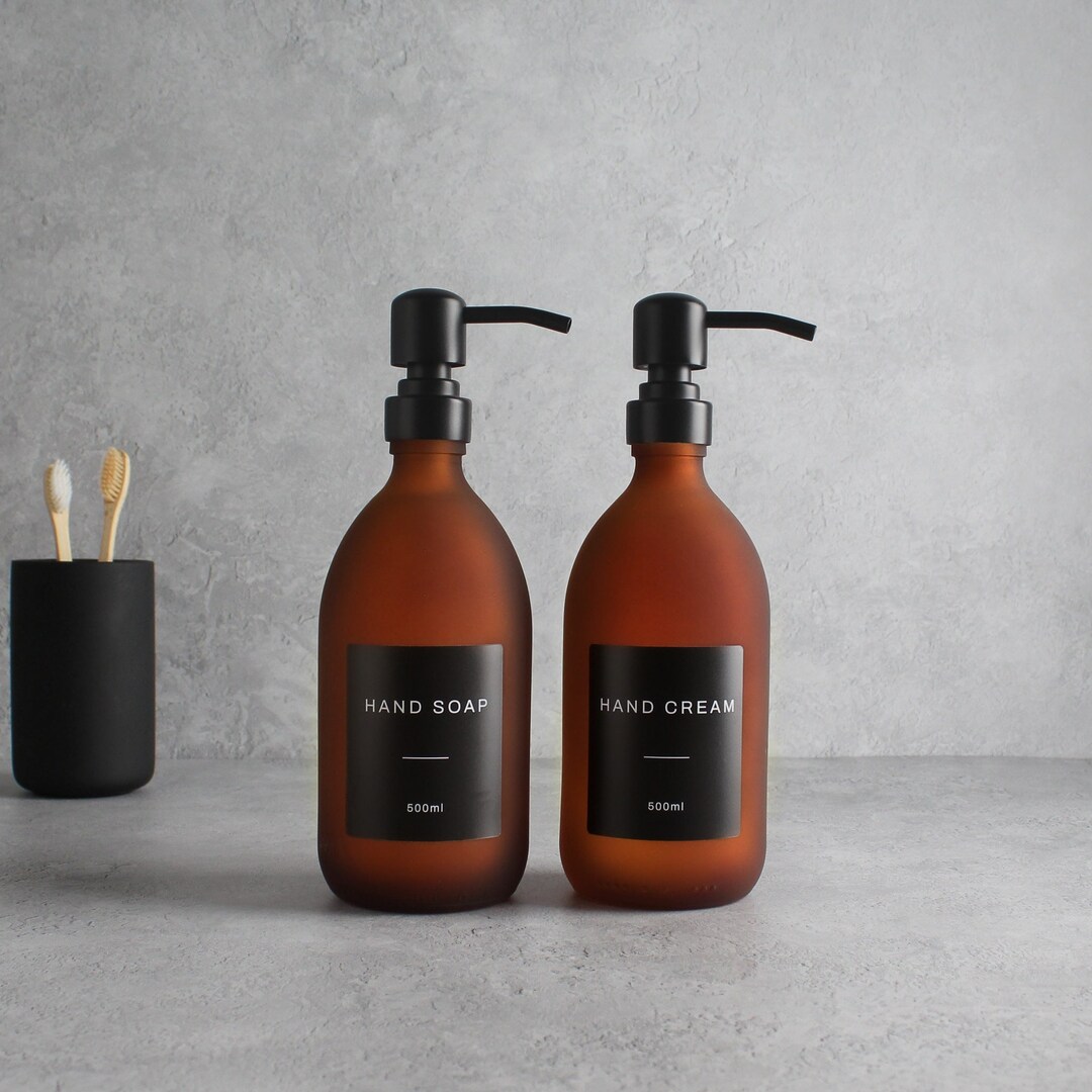 Hand Soap & Hand Cream Frosted Amber Glass Bottle Set of Two ...