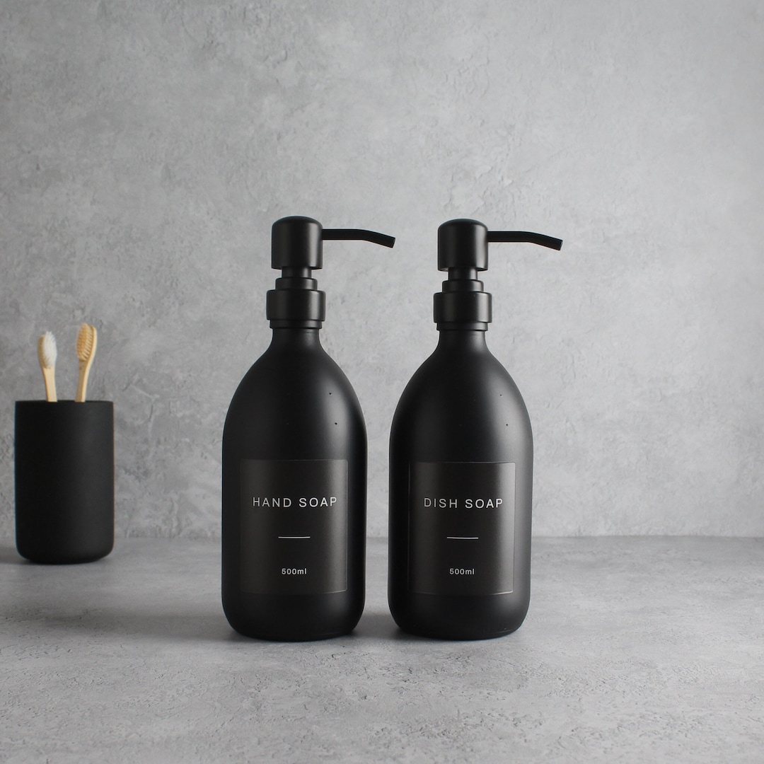 Hand Soap & Dish Soap Matte Black Glass Bottle Set of Two - Refillable ...