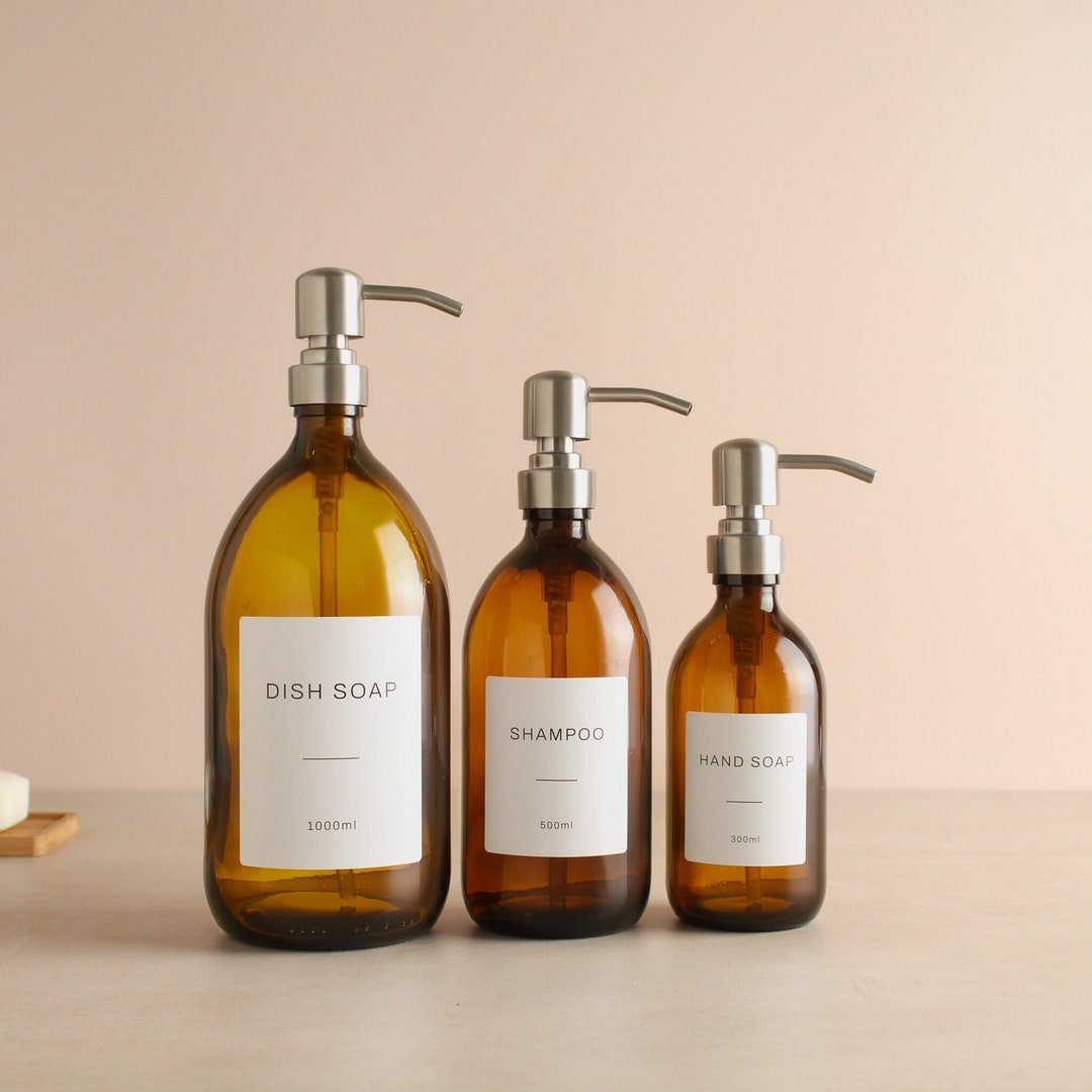 Amber Glass Dispenser - Labelled Bottle With Metal Silver Pump ...