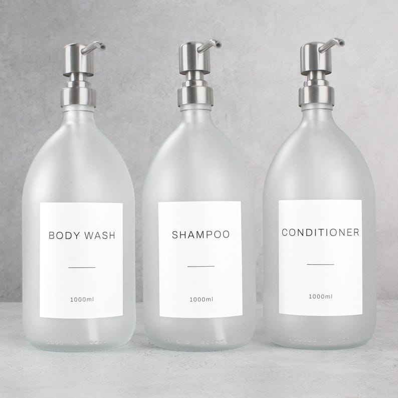 Set of 3 Body Wash Shampoo Conditioner Frosted White Glass Bottle ...
