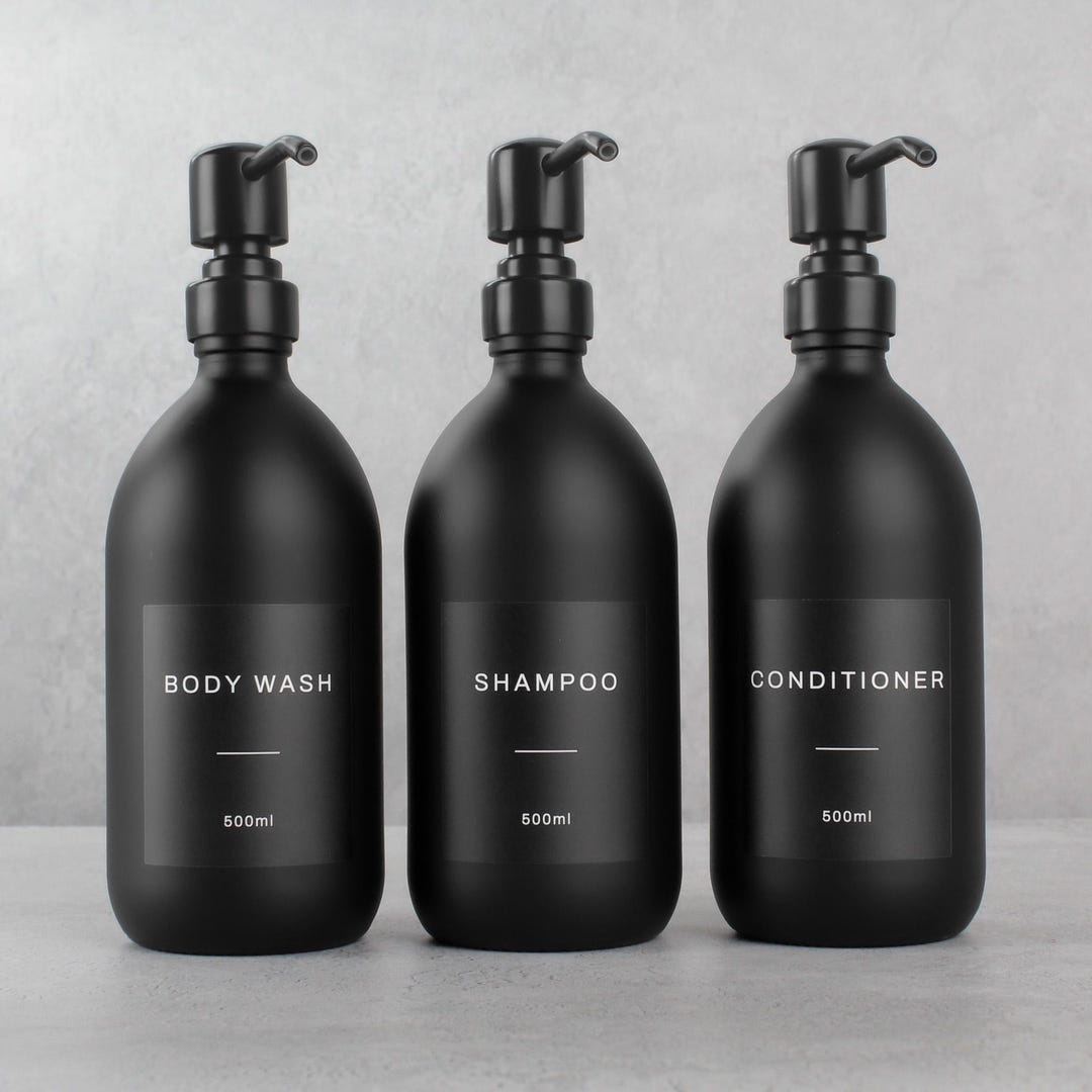 Set of 3 Body Wash Shampoo Conditioner Matte Black Glass Bottle ...