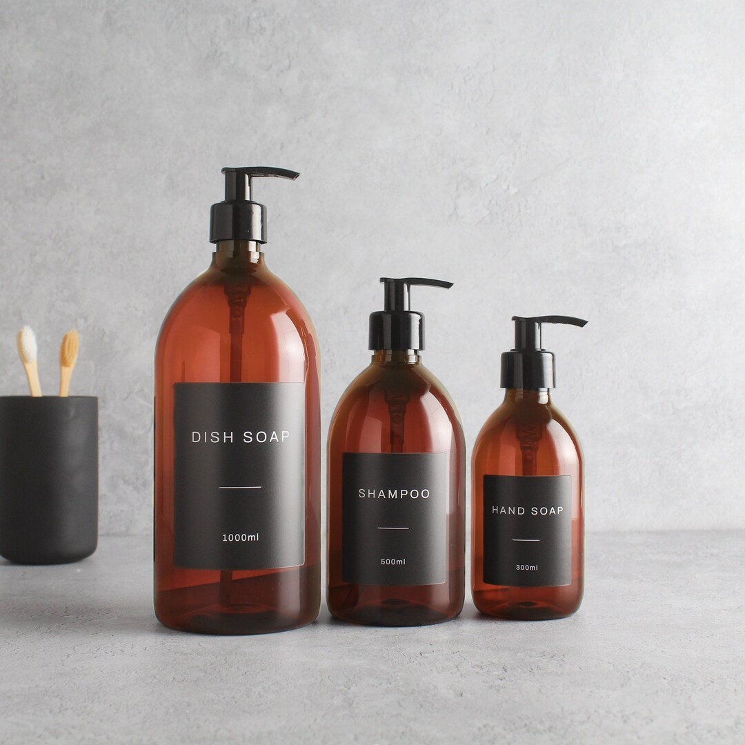 Amber Plastic Bottle - Labelled Refillable Bottle With Black Pump ...
