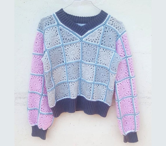 Hand Crochet Pattern Checker Sweater - Etsy