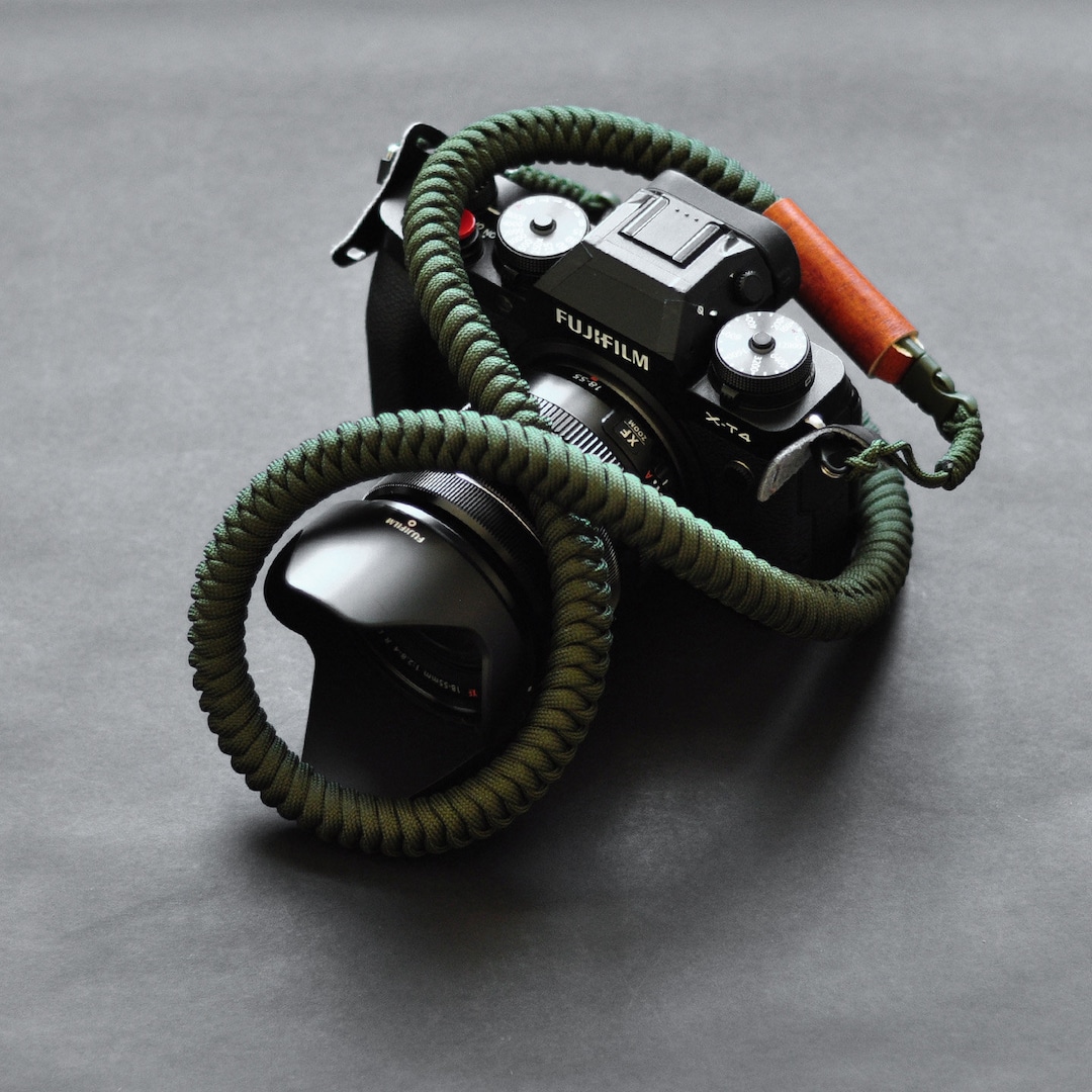 Khaki Paracord Camera Strap: Snake Knot, Leather Detail, Quick Release ...