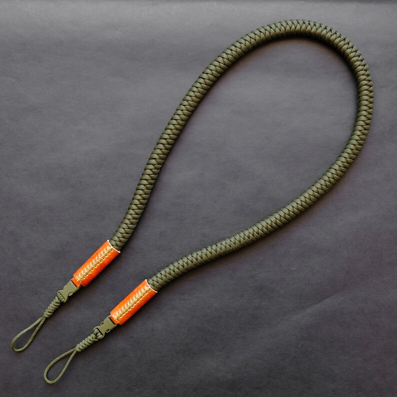 Khaki Paracord Camera Strap: Snake Knot, Leather Detail, Quick Release ...
