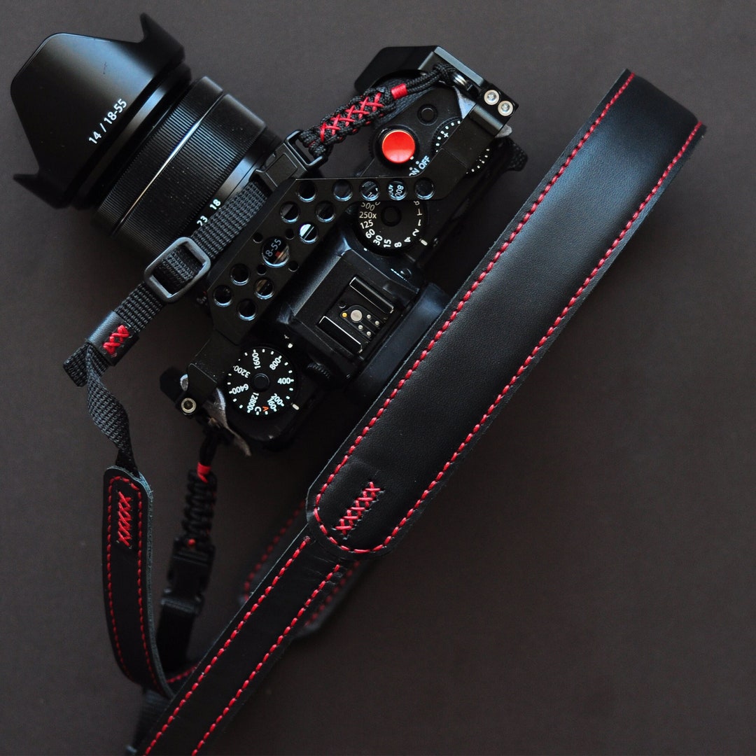 Leather Camera Strap, Black Red Strap, Custom Camera Strap, Mirrorless ...