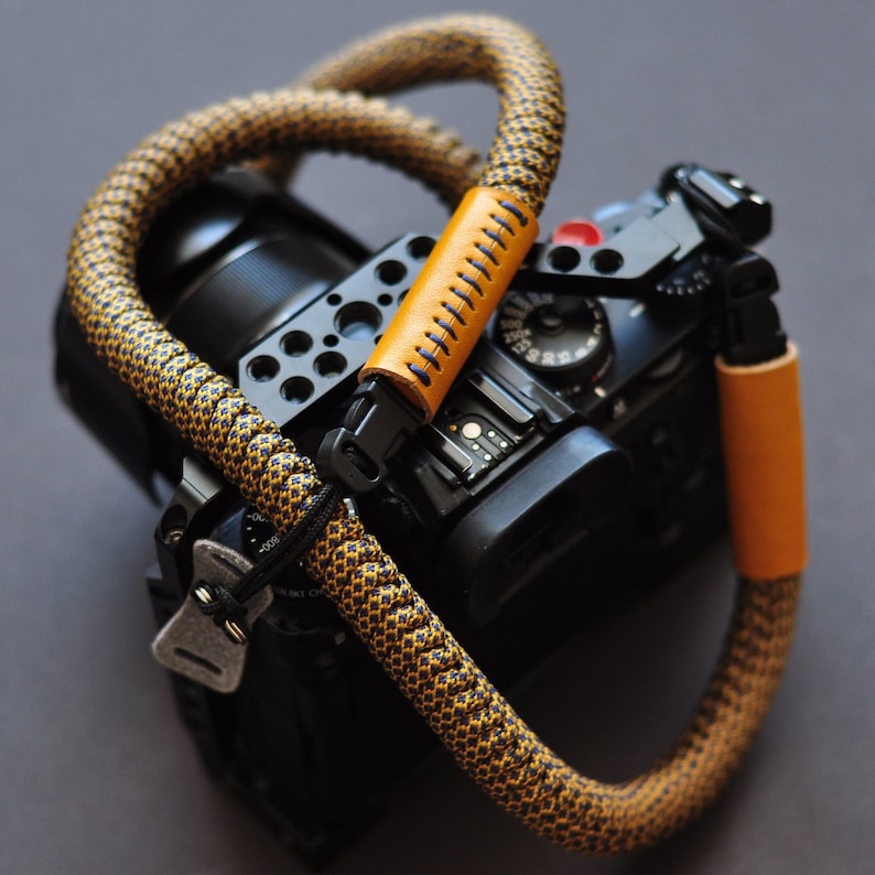 Paracord Camera Strap, Mustard / Navy Blue, Leather Detail, Mirrorless ...