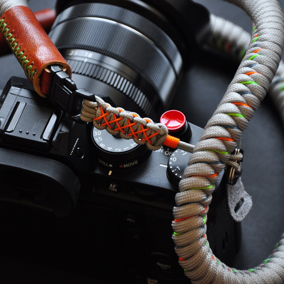Gray Paracord Camera Strap: Snake Knot, Leather Detail, Quick Release ...