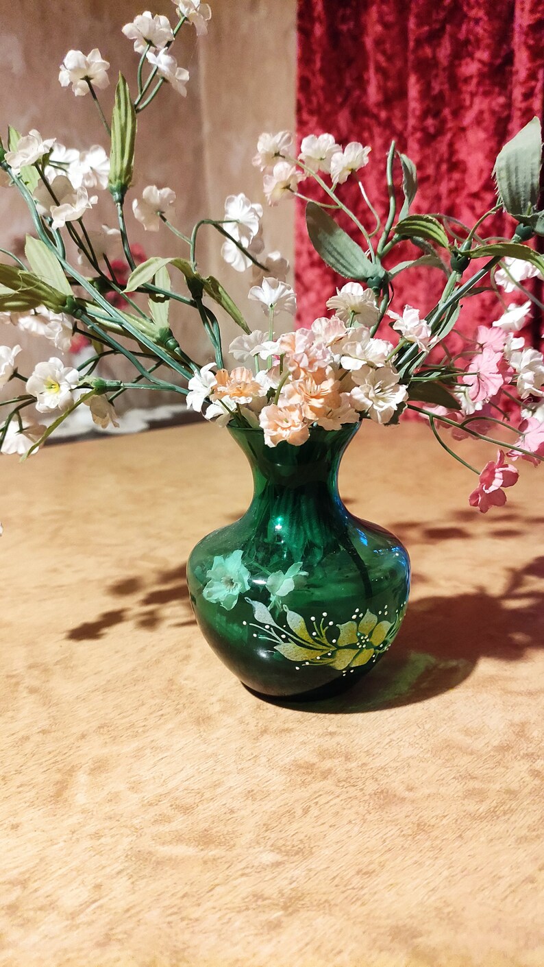 Small Green Glass Vase With Painted Flowers Retro Decor - Etsy