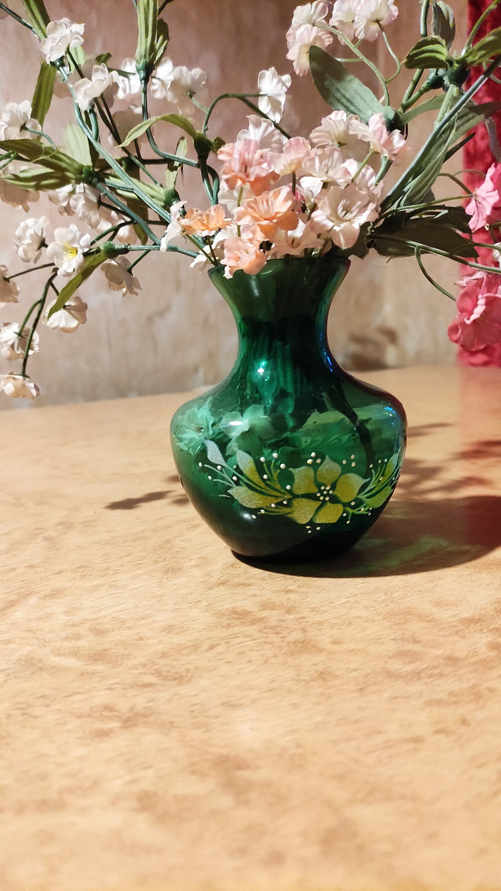Small Green Glass Vase With Painted Flowers Retro Decor - Etsy