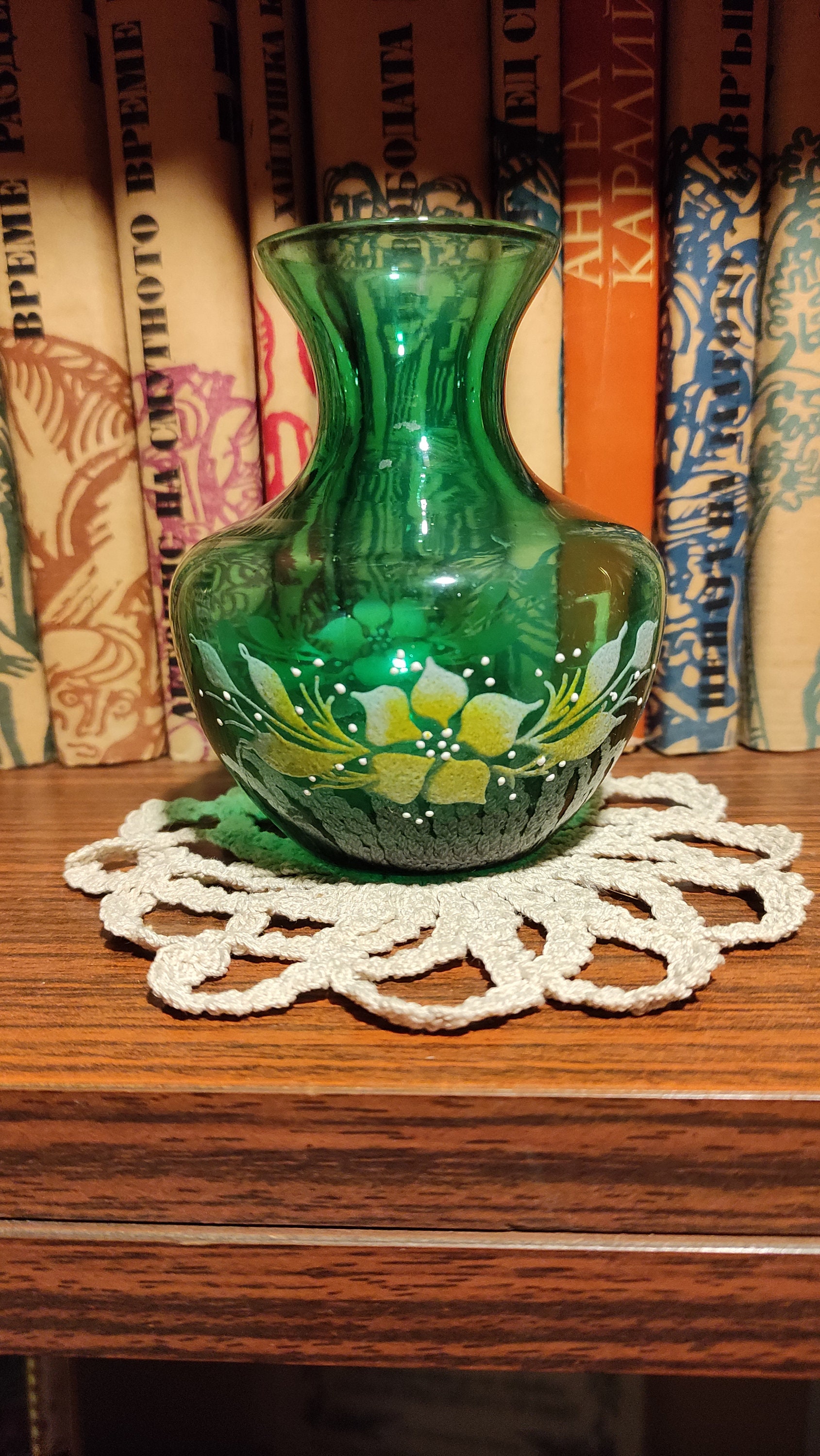 Small Green Glass Vase With Painted Flowers Retro Decor - Etsy