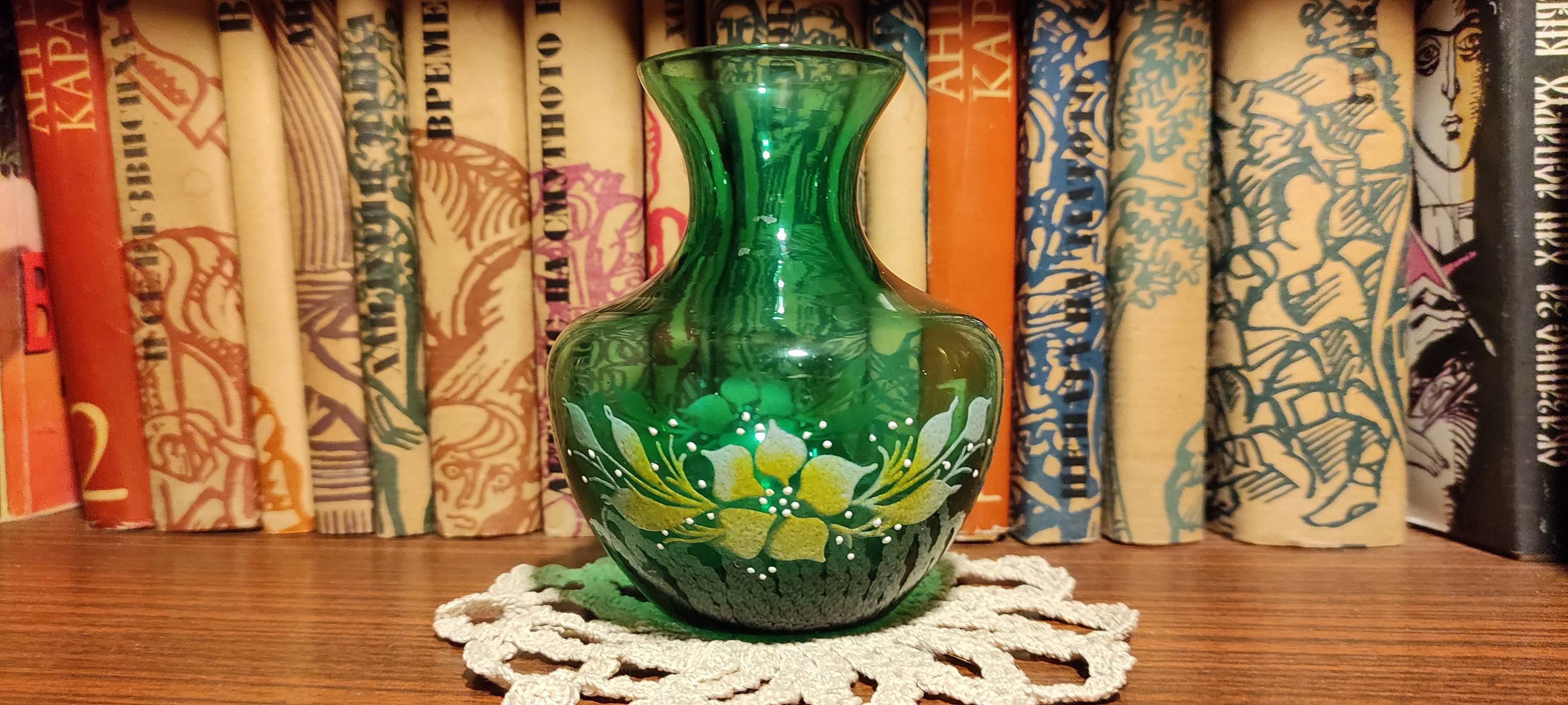 Small Green Glass Vase With Painted Flowers Retro Decor - Etsy