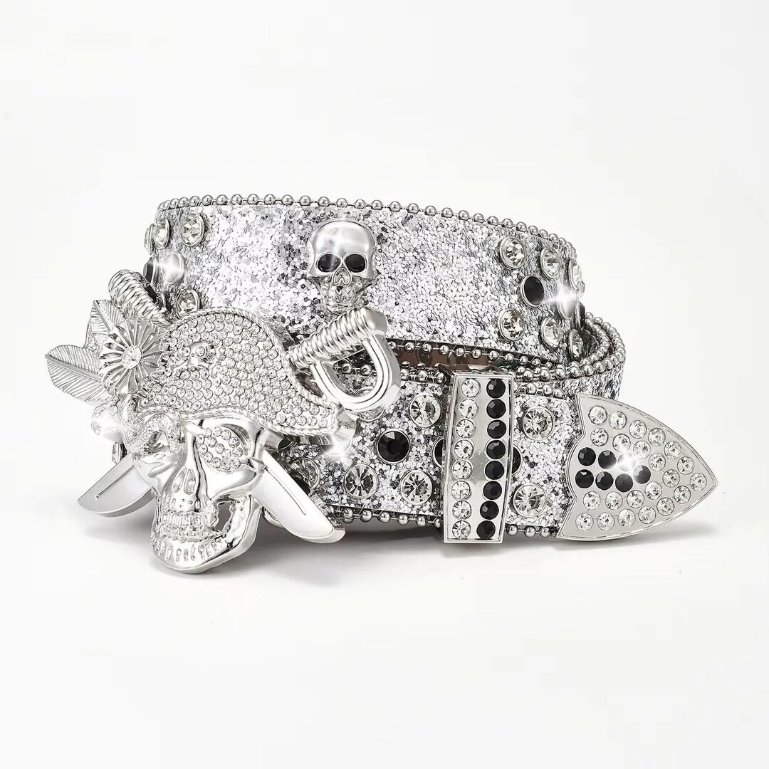 Silver Pirate Skull Buckle Rhinestone Belt - Etsy