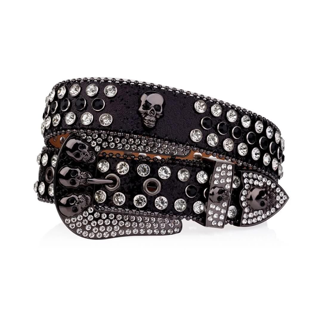 Skull Buckle Black Strap With Black and Crystal Studs Rhinestone Belt ...
