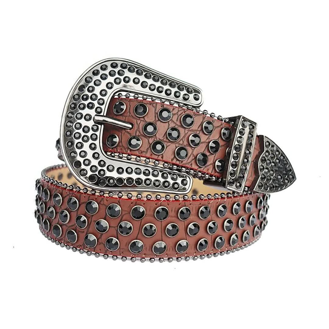 Black Rhinestones With Brown Textured Strap Rhinestone Belt - Etsy