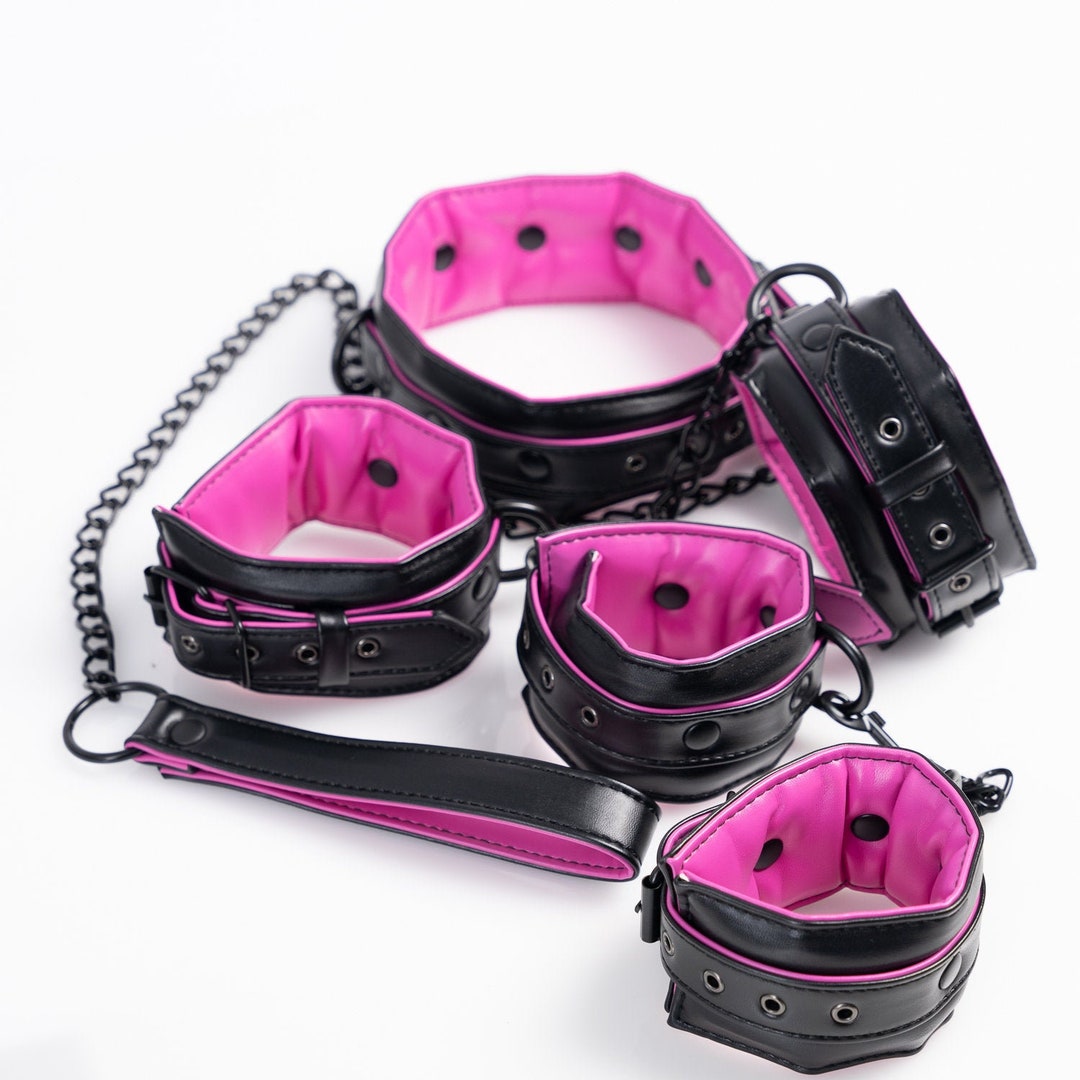 BDSM Leather Set, Bdsm Collar, Purple Black Restraints Set, Bdsm ...