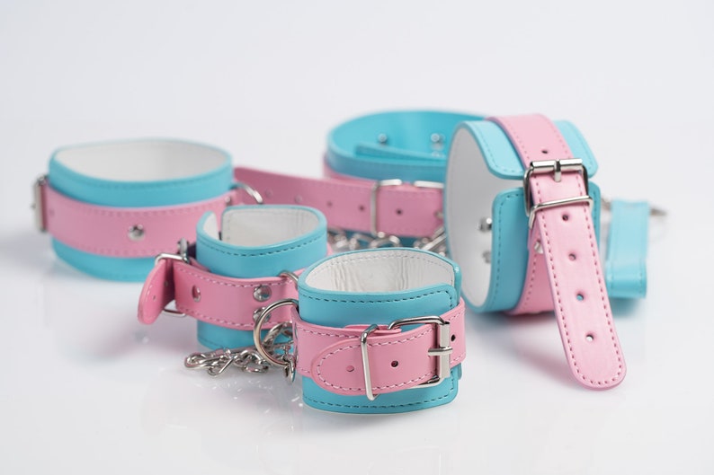 Blue Pink BDSM Restraint Set, Light Blue Bdsm Collar, Bdsm Hancuffs and ...