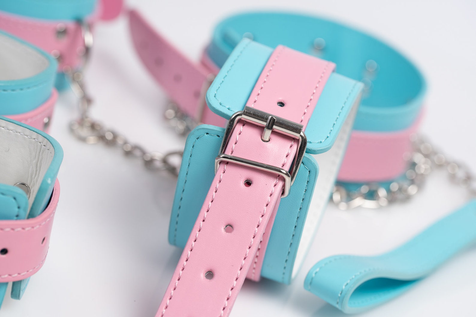 Blue Pink BDSM Restraint Set, Light Blue Bdsm Collar, Bdsm Hancuffs and ...