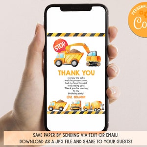 EDITABLE Construction Thank You Cards Boy Birthday Party Thank You ...