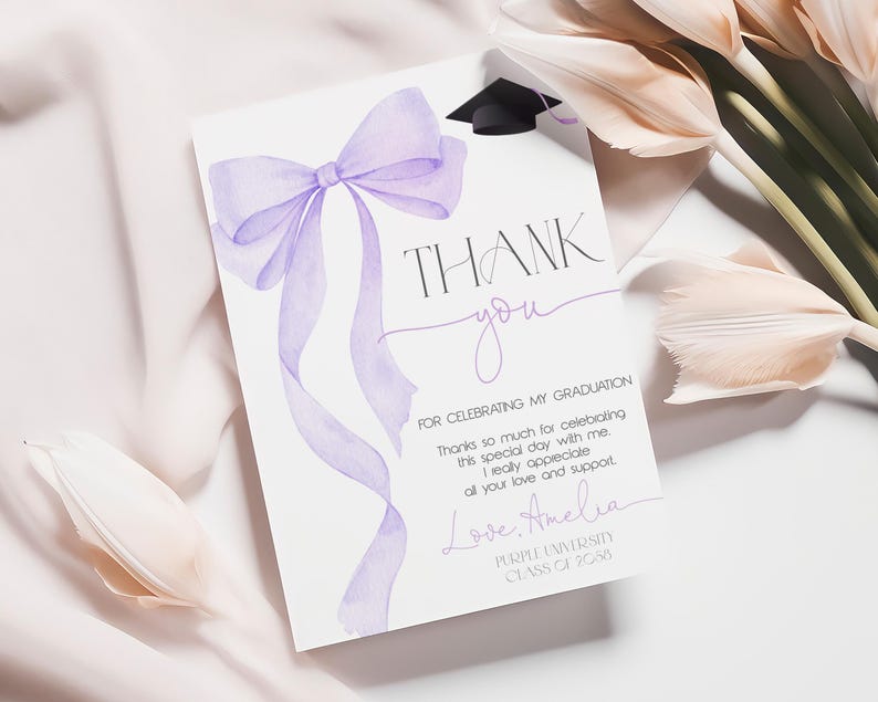 Purple Bow Graduation Thank You Card Coquette Bow Grad Party Thank You ...