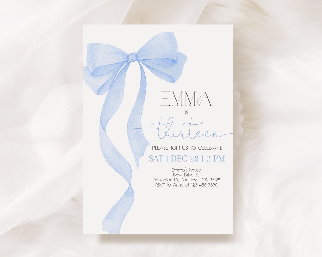 Watercolor Blue Bow Birthday Invitation Elegant Blue Ribbon Invite ...
