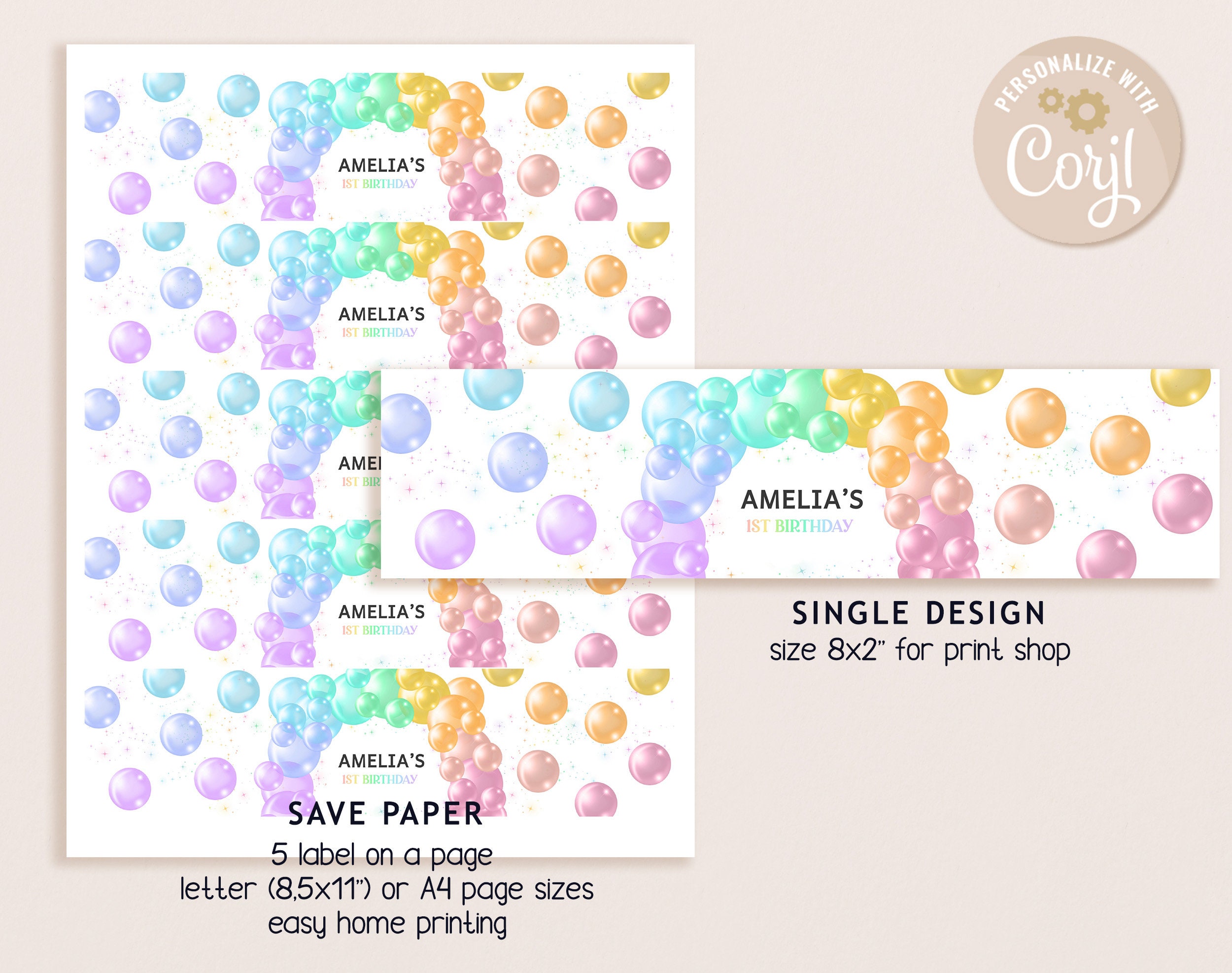 Pastel Rainbow Water Bottle Label Boy Girl 1st First Birthday Party ...