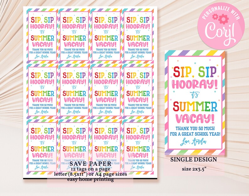 Sip Sip Hooray Its Summer Vacay Gift Tags Teacher Appreciation End of ...