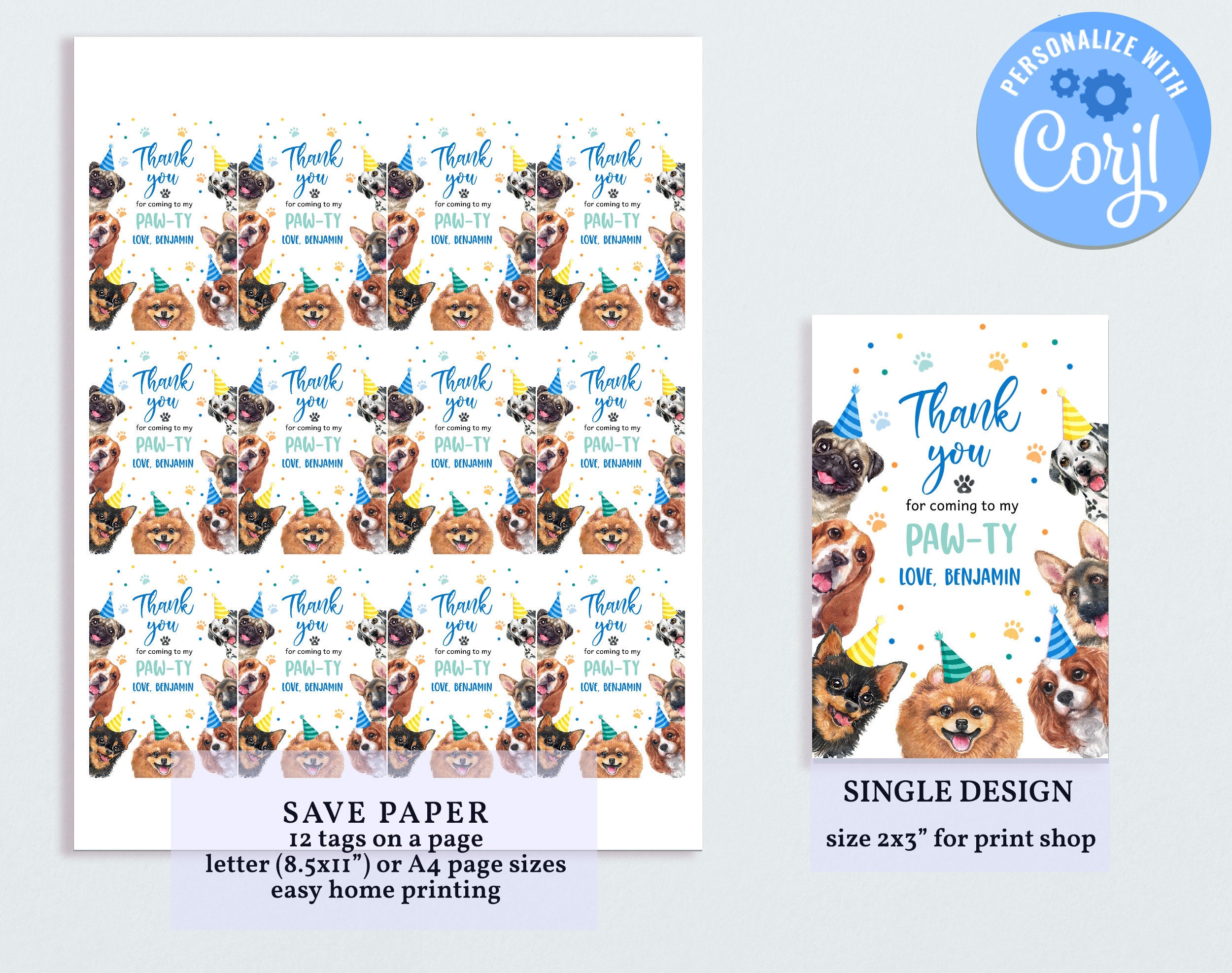 Dog Favor Tags Boy 1st Birthday Decor Blue Puppy Pawty Gift Tags Pet ...