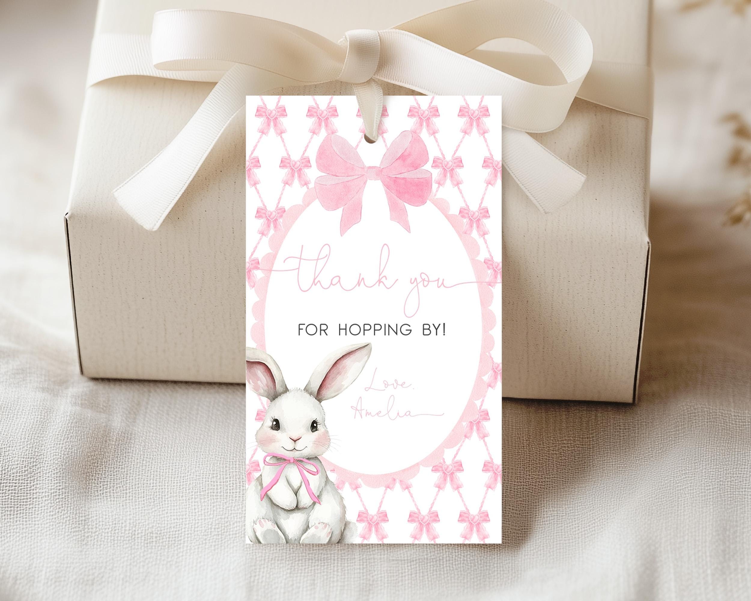 Bunny Birthday Gift Tag Pink Bow Gingham Coquette Baby Shower Favor Tag ...