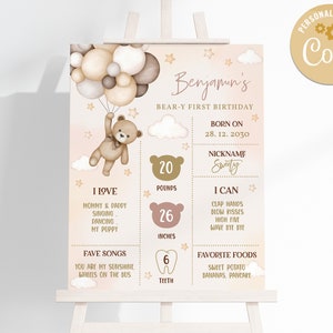 Teddy Bear Milestone Poster Beary First 1st Birthday Sign Boho Beige ...