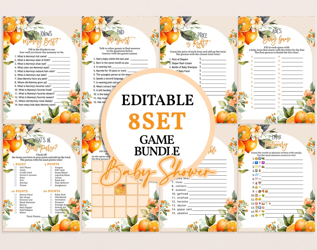 Orange Baby Shower Games Set Little Cutie Party Game Bundle Tropical ...