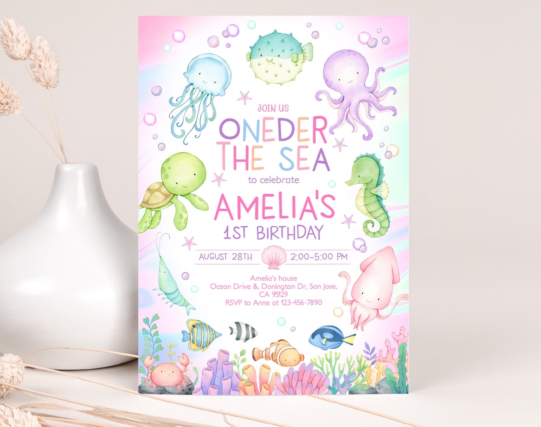Oneder the Sea Birthday Invitation Ocean Animals Girl First Birthday ...