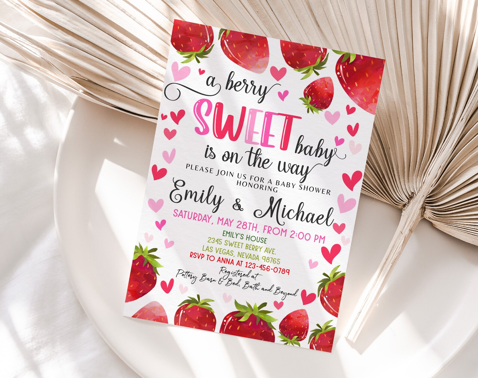 Strawberry Baby Shower Invitation, Berry Sweet Invite, Pink Red Hearts ...