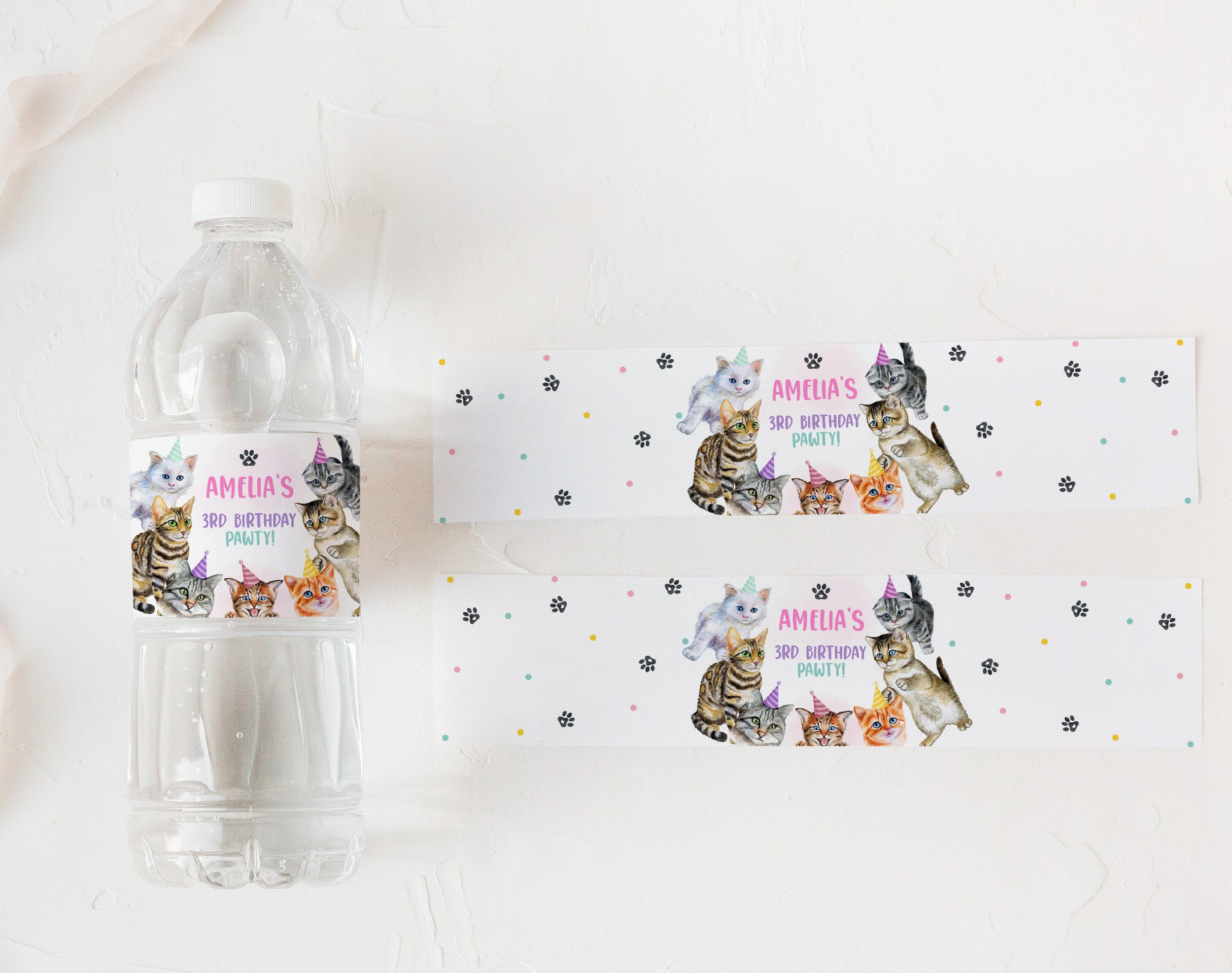 Cat Water Bottle Label Girl 1st Birthday Party Decor Pink Kitty Cat ...