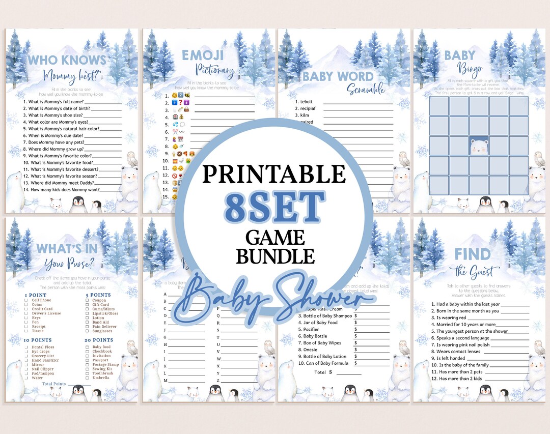 Winter Wonderland Baby Shower Games Set Boy Polar Bear Arctic Animals ...