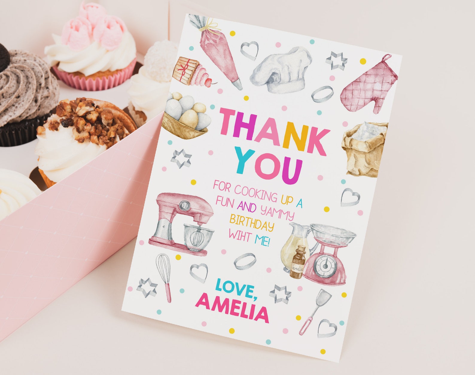 Baking Birthday Thank You Card Girl Chef Pink Cooking Party Thank You ...