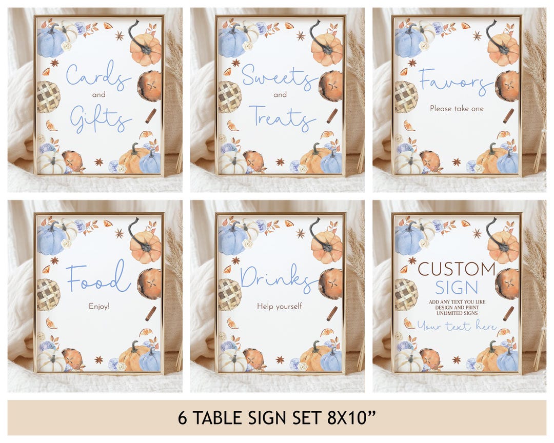 Little Cutie Pie Baby Shower Table Signs Set Blue Pumpkin Birthday ...