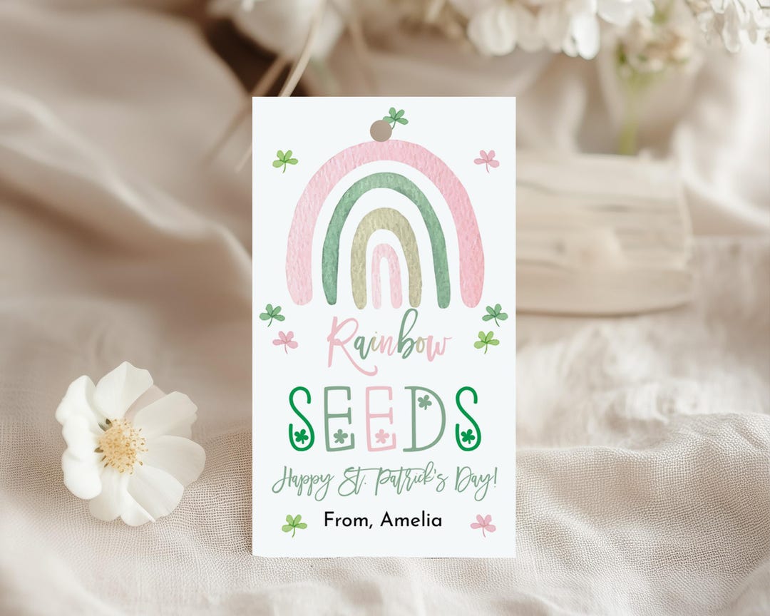 Pastel Rainbow Seeds St Patrick's Day Gift Tags, Pink Green Shamrock ...