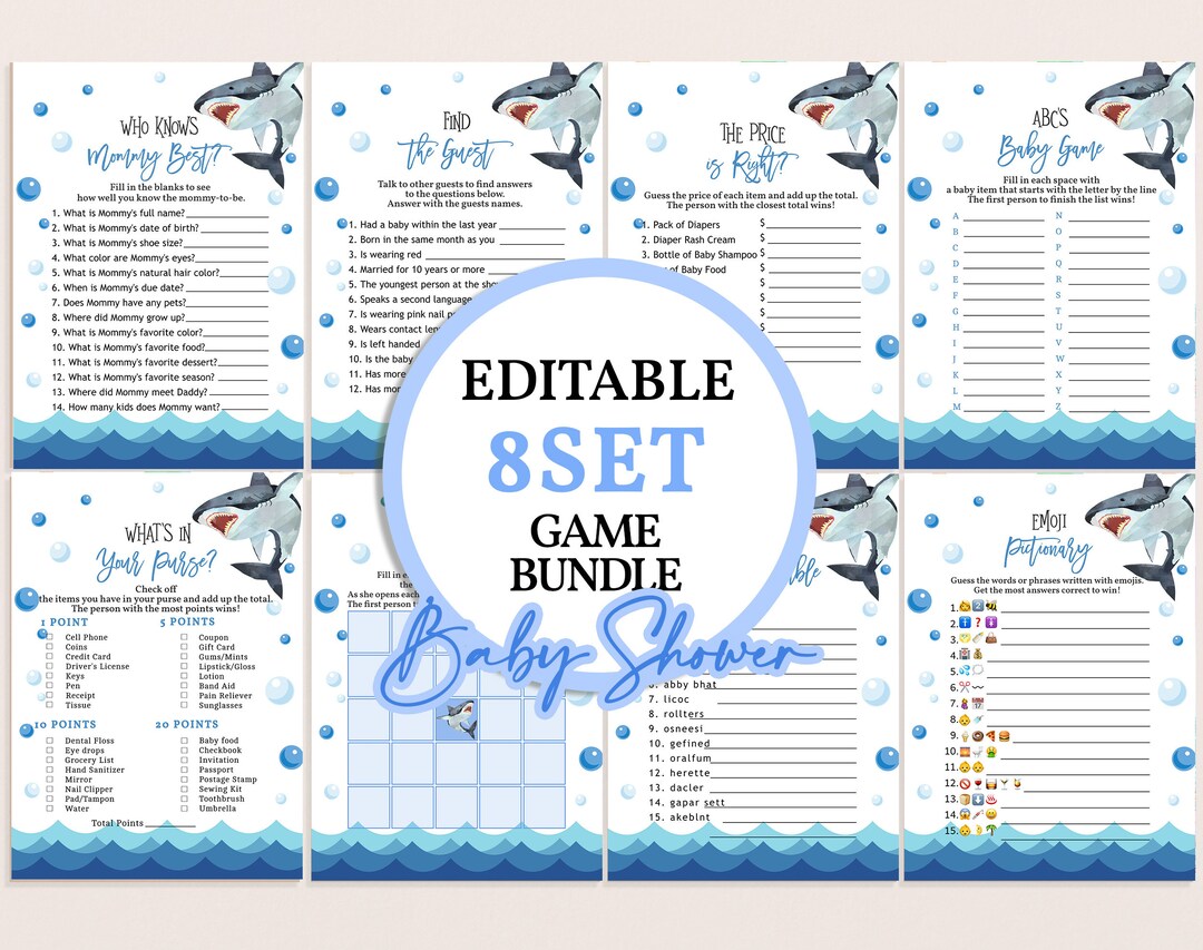 Shark Baby Shower Games Set Boy Nautical Baby Shower Bundle Under the ...